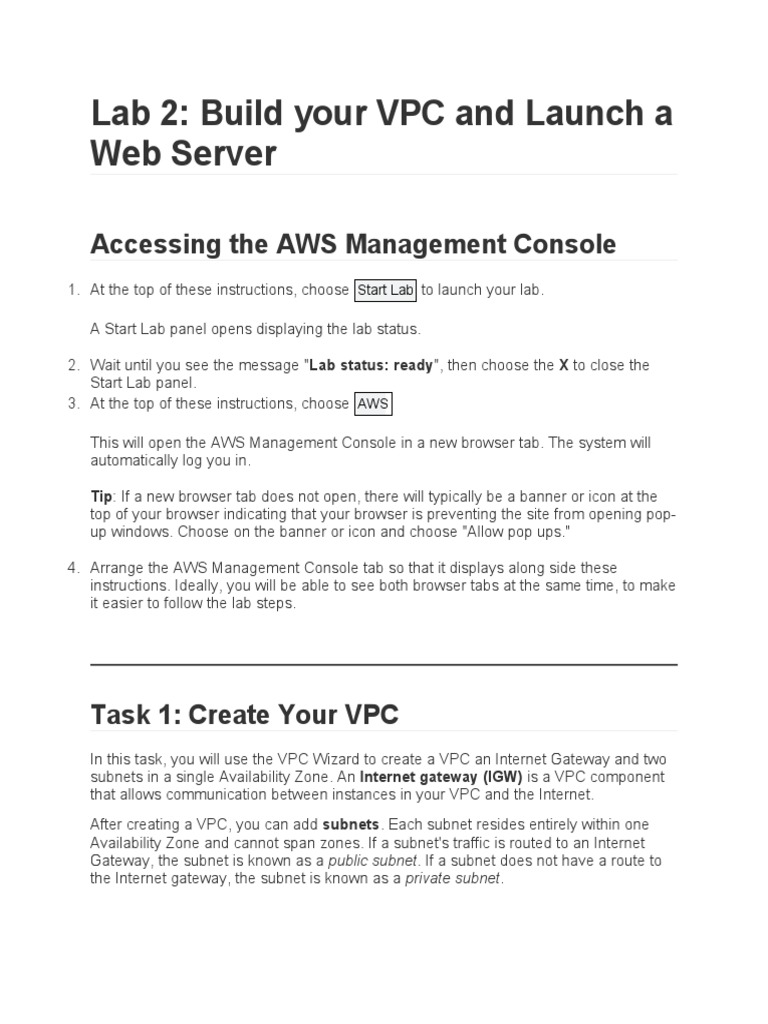 Lab 2: Build Your VPC and Launch A Web Server: Accessing The AWS Management Console | PDF ...