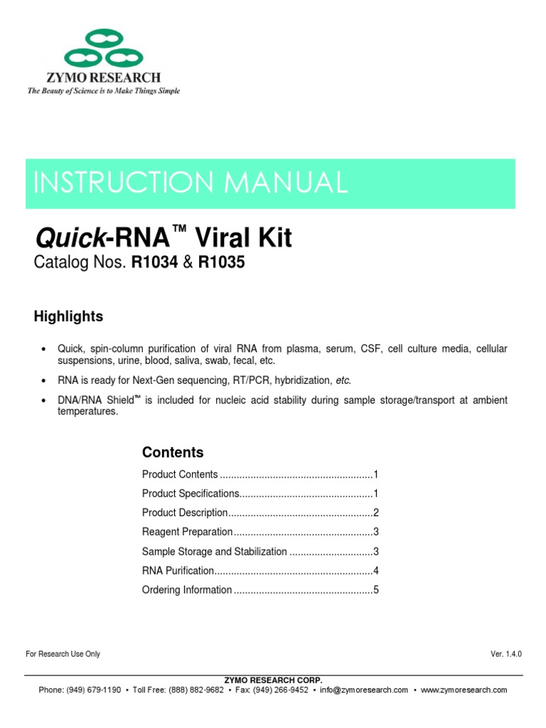 Extractie Zymo Quick-Rna - Viral - Kit | PDF | Virus | Dna