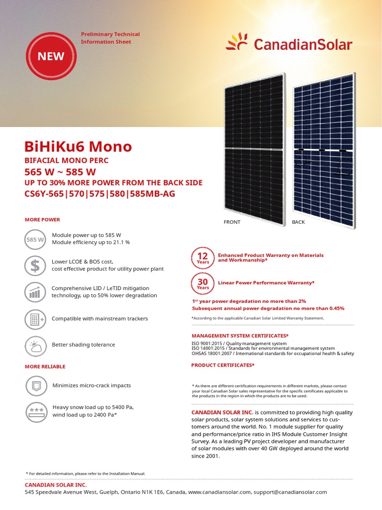 Canadian Solar Datasheet BiHiKu6 CS6Y MB AG v1.1 en | PDF | Solar Panel ...