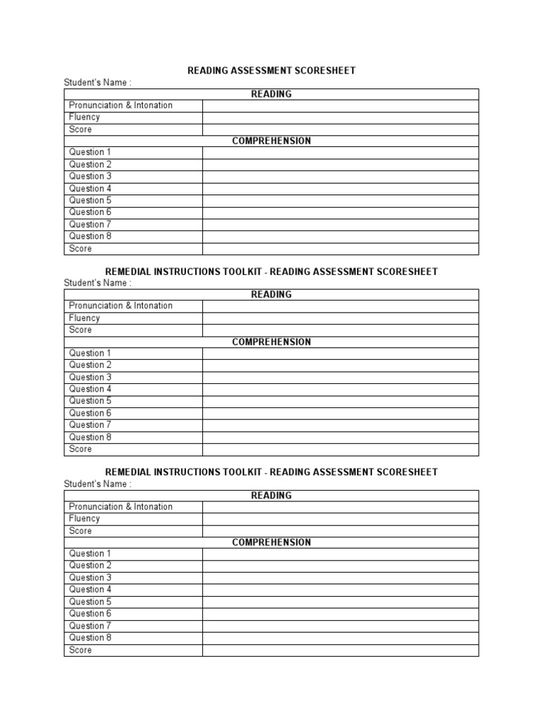 Reading Assessment Scoresheet | PDF | Language Arts & Discipline ...
