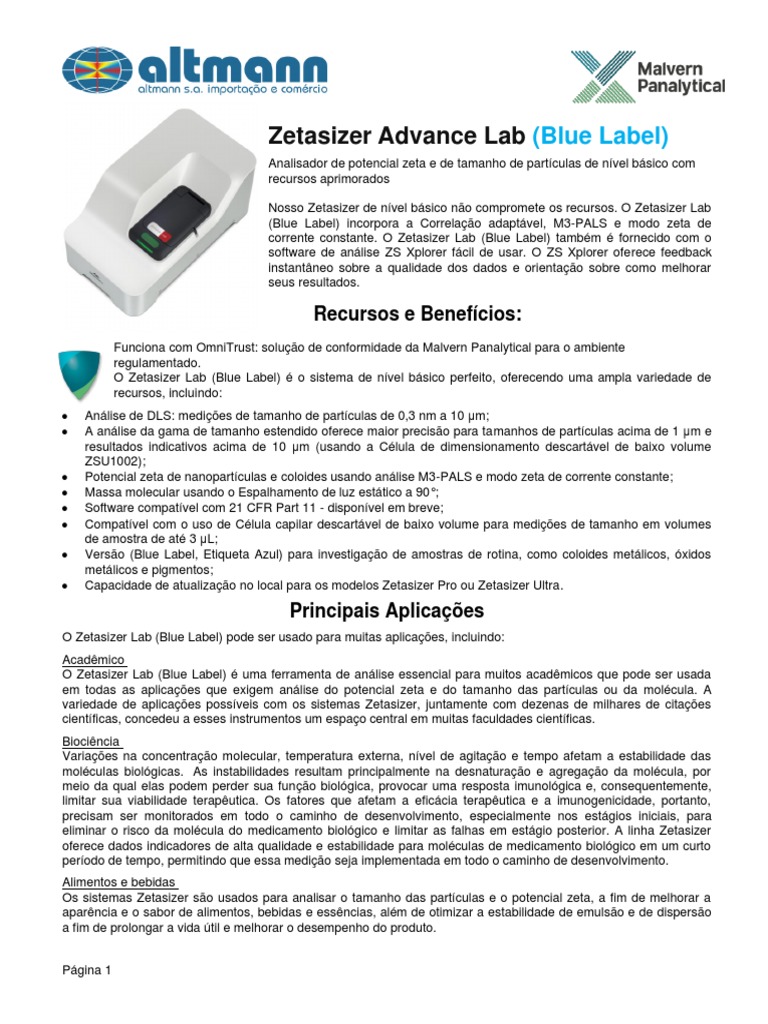 Zetasizer Advance Lab Blue Label | PDF | Medição | Biologia