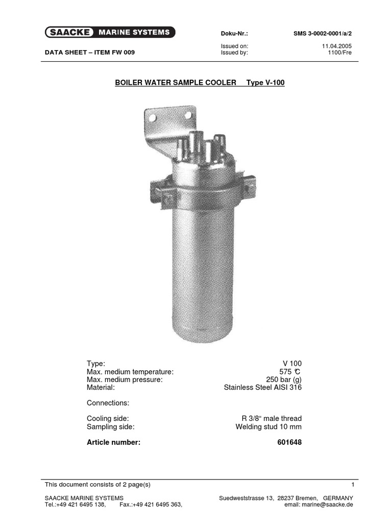 Boiler Water Sample Cooler Type V-100: Data Sheet - Item FW 009 | PDF ...