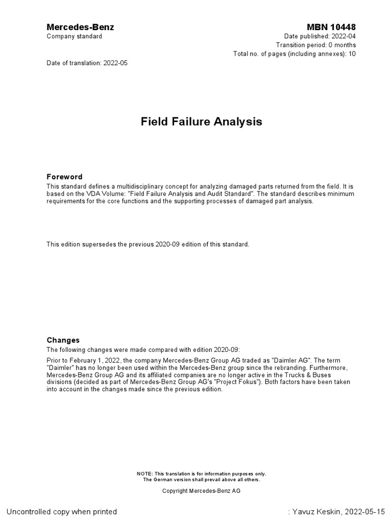 Field Failure Analysis: Mercedes-Benz MBN 10448 | PDF | Audit | Quality ...