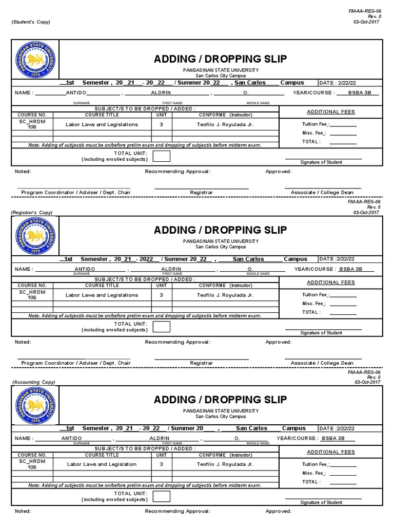 Adding / Dropping Slip: Pangasinan State University San Carlos City ...