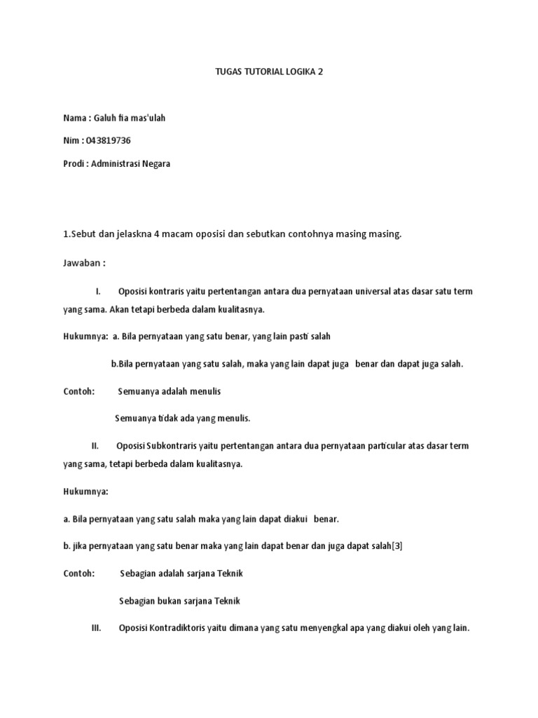 Tugas Tutorial Logika 2 | PDF | Filsafat | Sains & Matematika