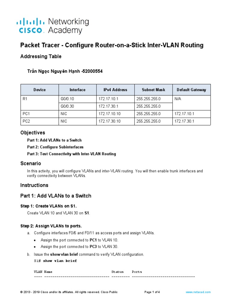 427 Packet Tracer Configure Router On A Stick Inter Vlan Routing Pdf Router Computing