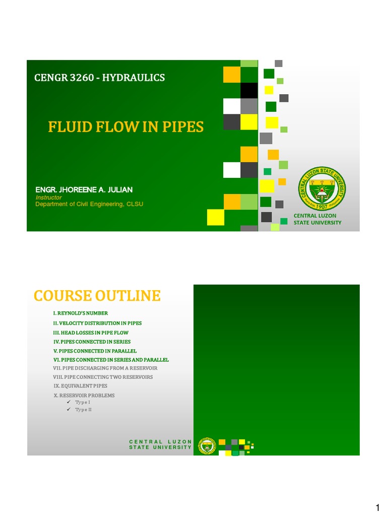 Fluid Flow in Pipes: Cengr 3260 - Hydraulics | Descargar gratis PDF | Reynolds Number | Fluid ...