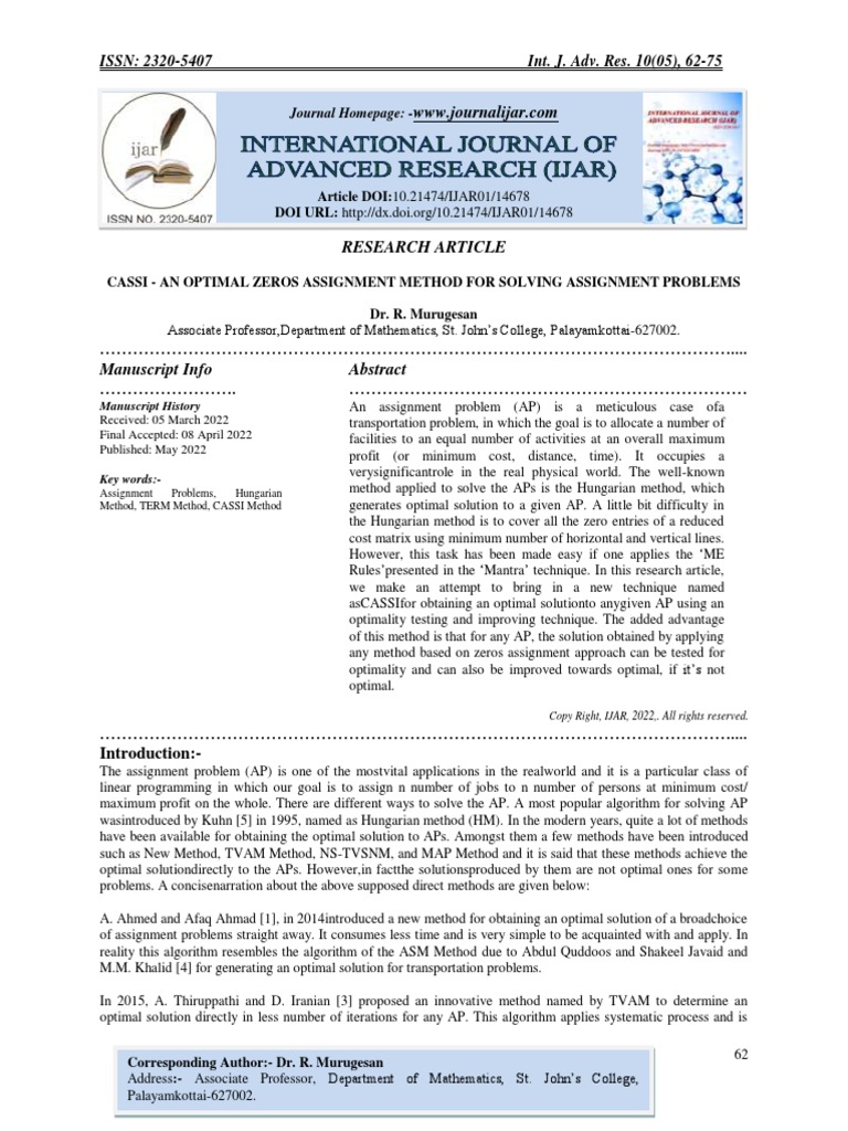 Cassi - An Optimal Zeros Assignment Method For Solving Assignment ... Cassi - An Optimal Zeros Assignment Method For Solving Assignment ...
