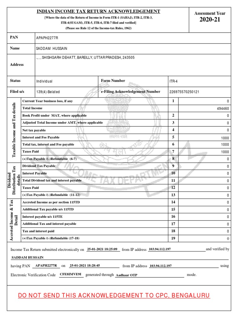 Understanding an Indian Income Tax Return Acknowledgement | PDF ...