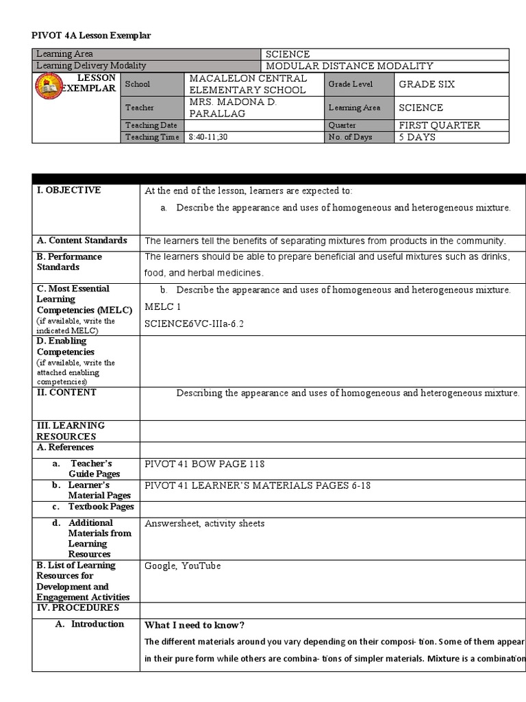 Lesson Exemplar in Science 6 | PDF | Mixture | Chemical Substances