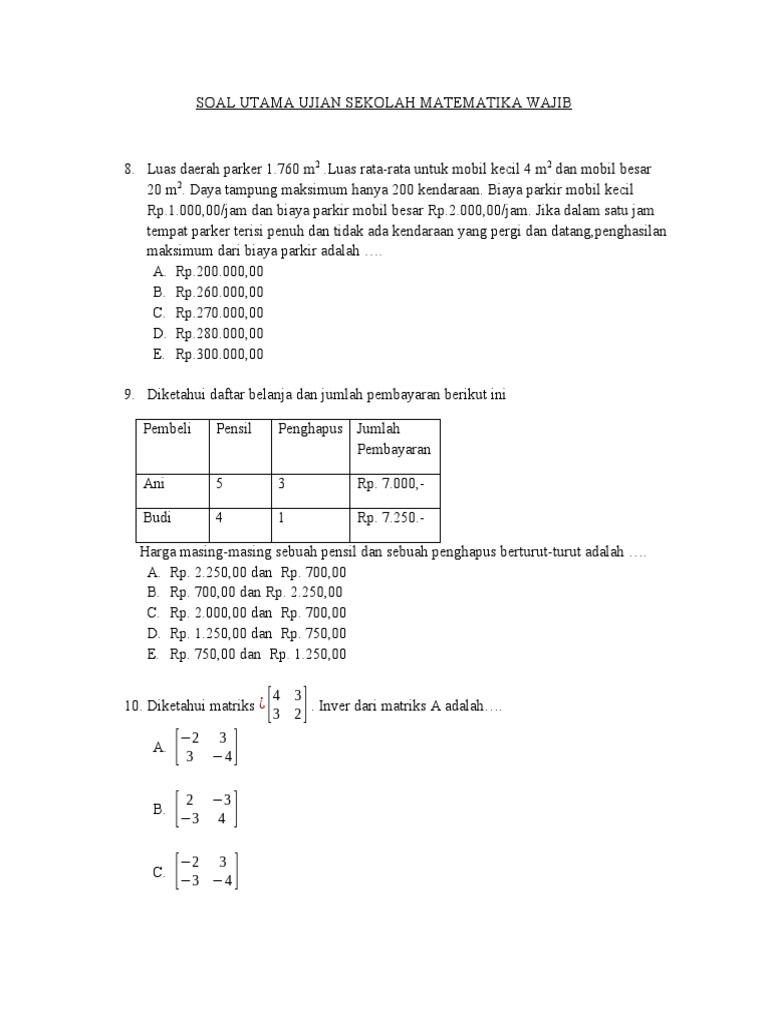 Soal Utama Ujian Sekolah Matematika Wajib | PDF