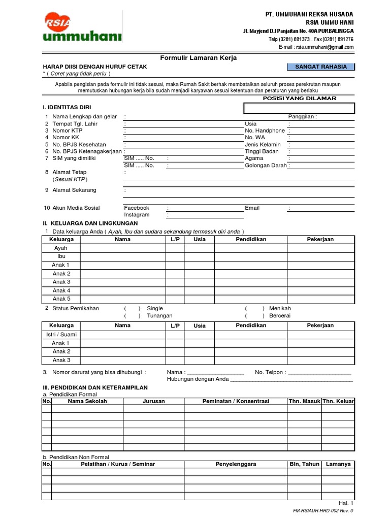 FM-RSIAUH-HRD-002 Rev 0 - Form Biodata Pelamar | PDF