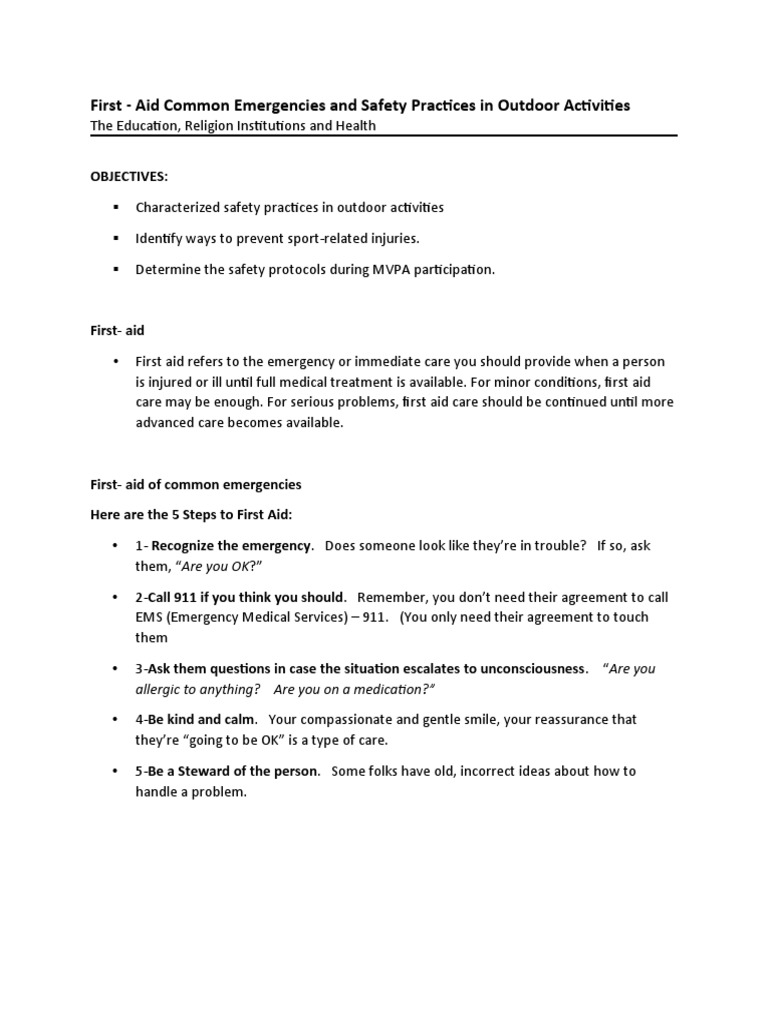 First - Aid Common Emergencies and Safety Practices in Outdoor ...