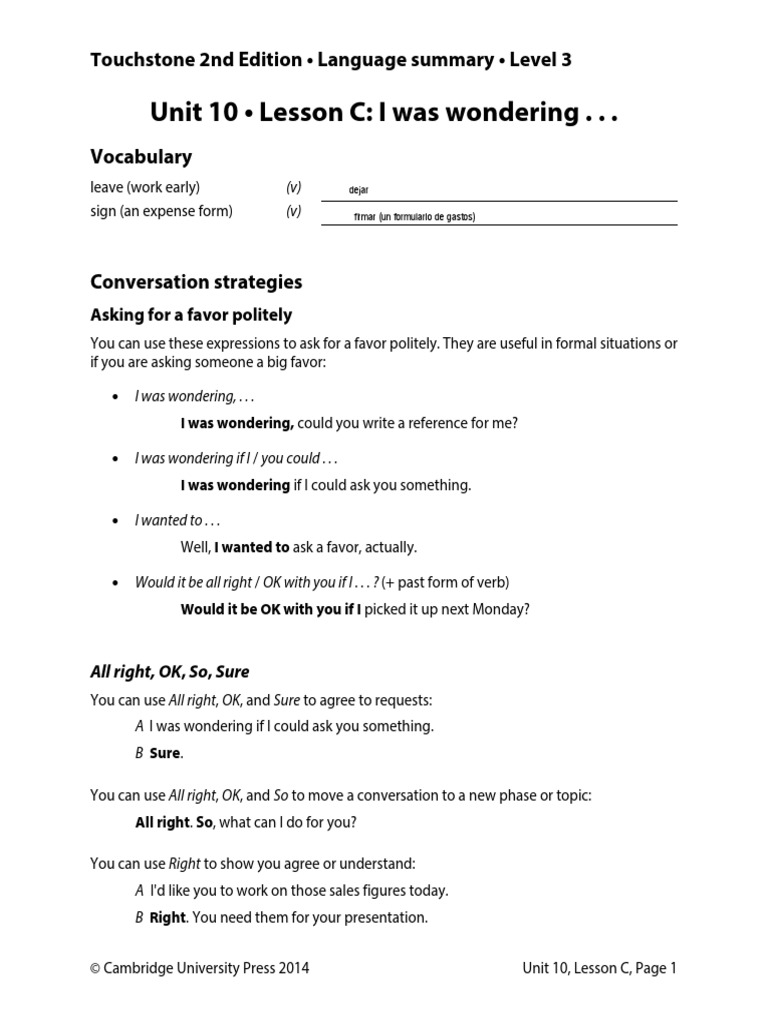 Unit 10 - Lesson C: I Was Wondering - . .: Touchstone 2nd Edition - Language Summary - Level 3 ...
