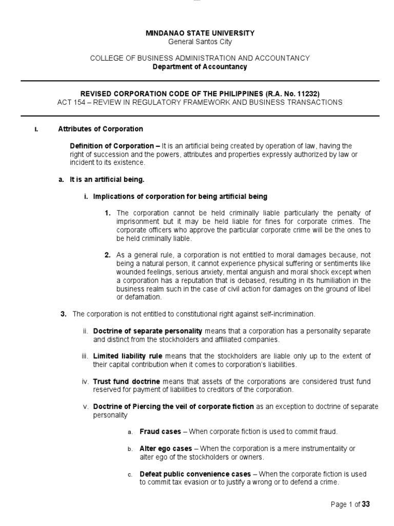 Revised Corporation Code - Summary | PDF | Preferred Stock | Corporations