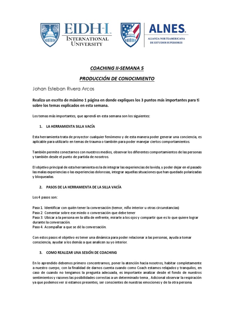Deber Johan Rivera - COACHING II - Semana 5-Producción de Conocimientos | PDF