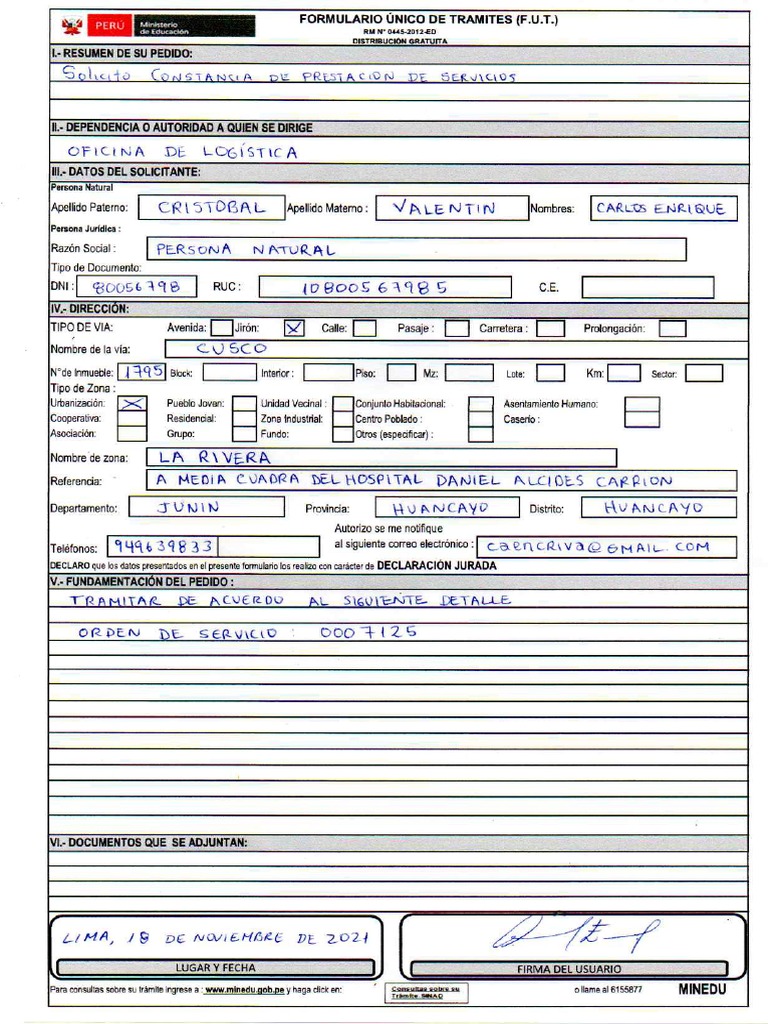 Fut Solicitud Constancia Prestacion de Servicios | PDF