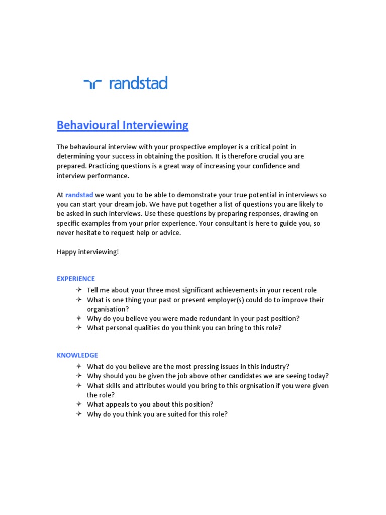 Randstad Behavioural Interviewing Tips | PDF | Job Interview | Cognition