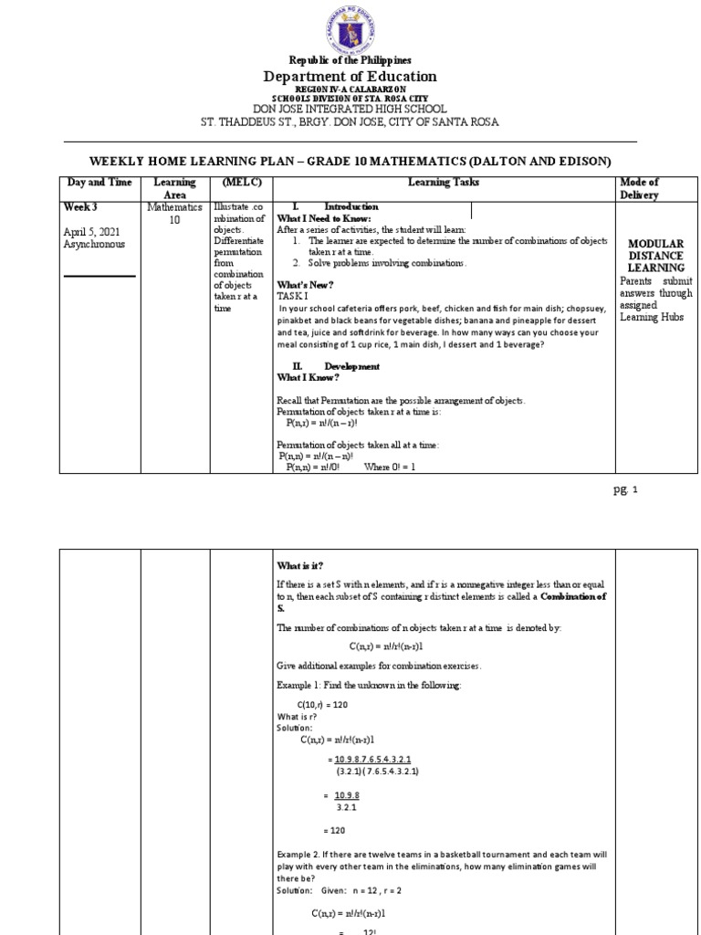 Department of Education: Weekly Home Learning Plan - Grade 10 ...