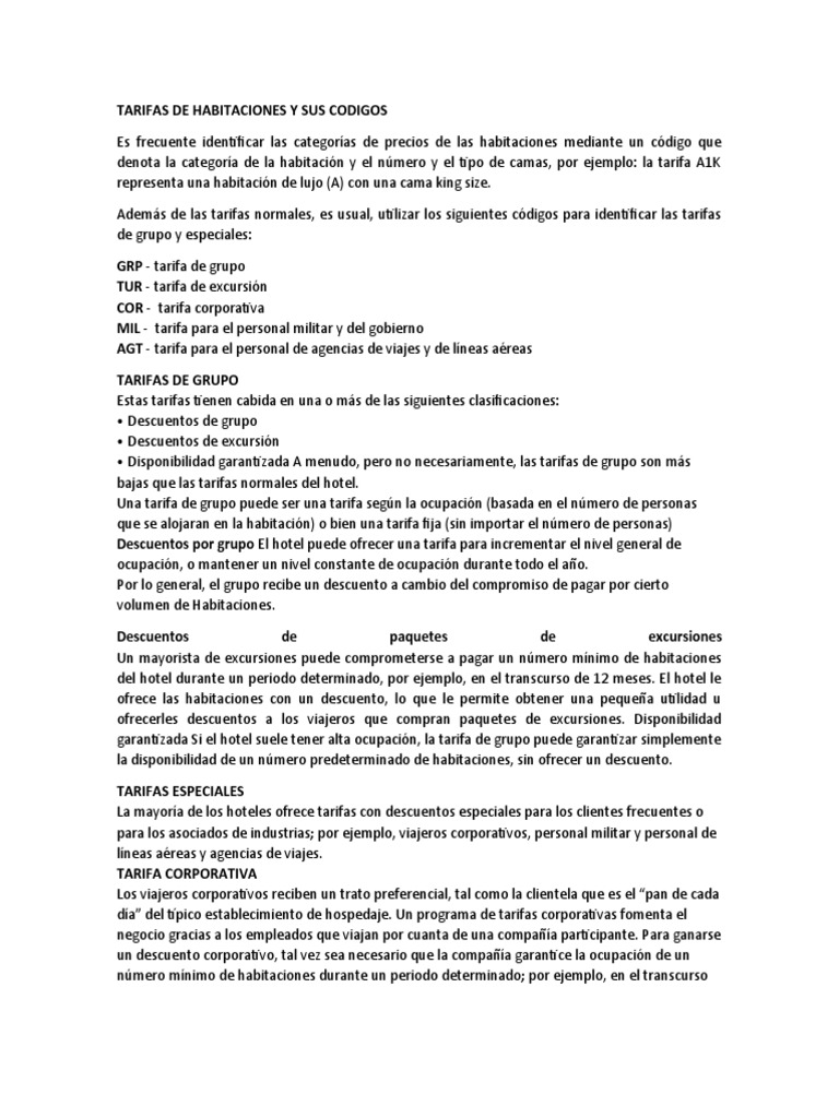 Tarifas Corporativas y Códigos de Habitaciones | PDF | Hotel | Agencia ...
