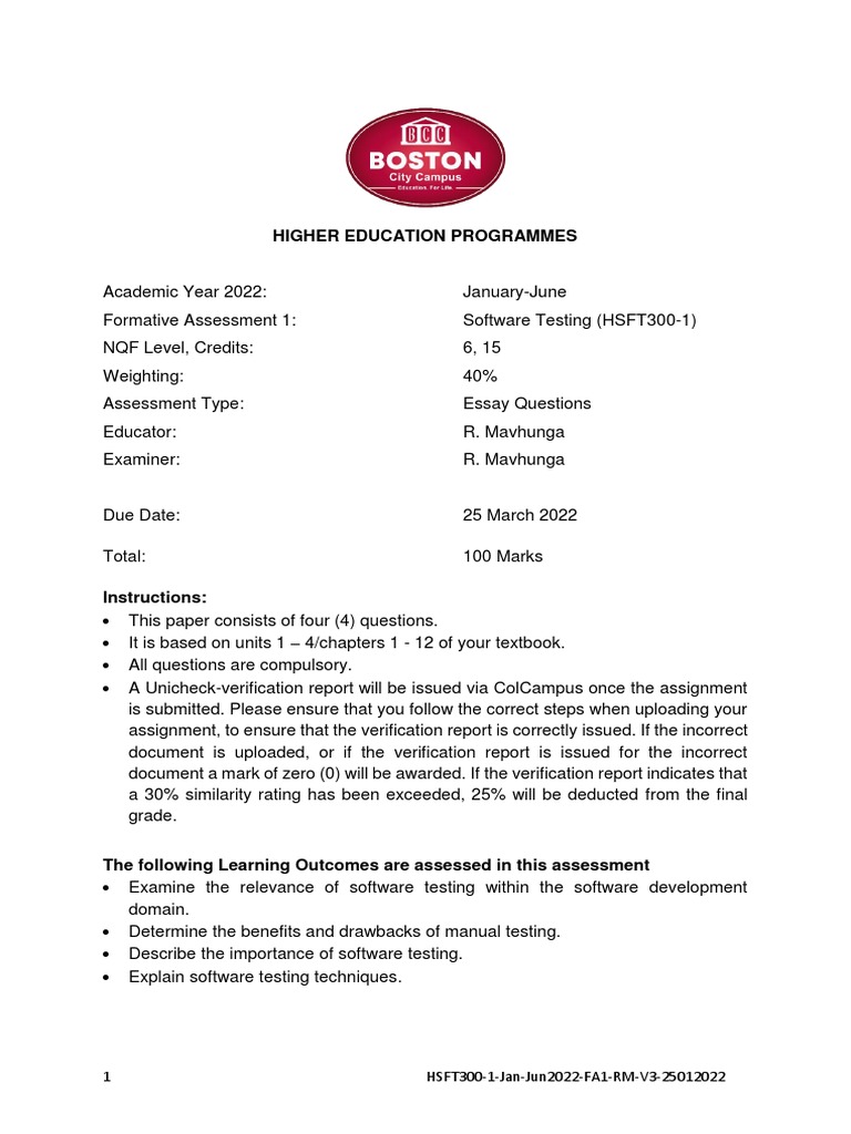 HSFT300 1 Jan Jun2022 FA1 RM V3 25012022 2 | PDF | Software Testing ...