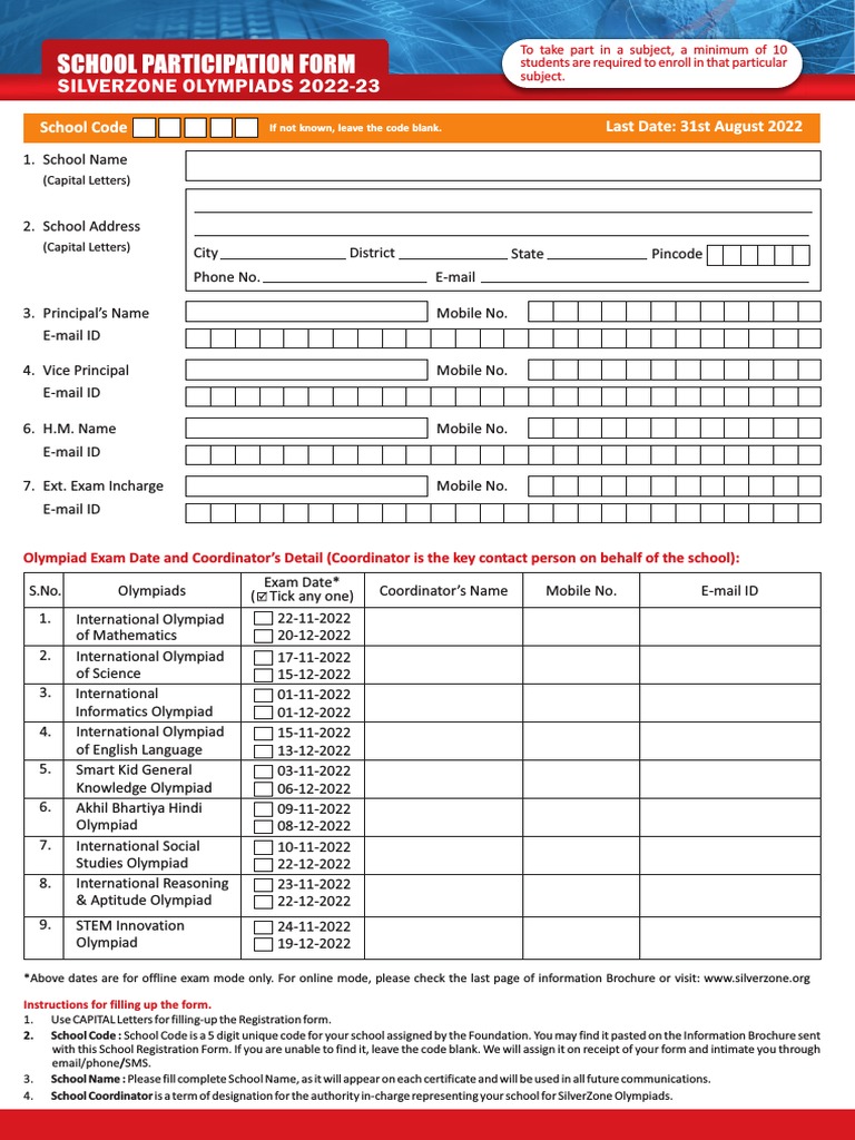 School Participation Form: Silverzone Olympiads 2022-23 | PDF