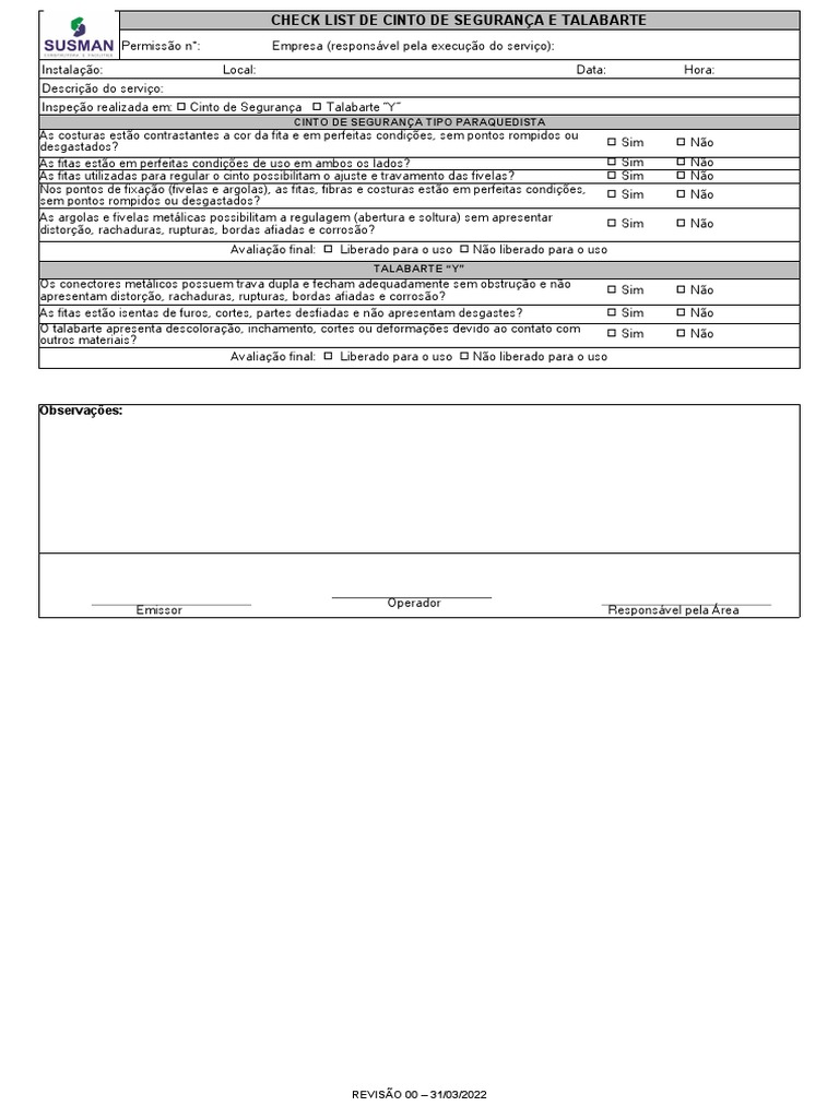 Check List de Cinto de Seguranca e Talabarte | PDF