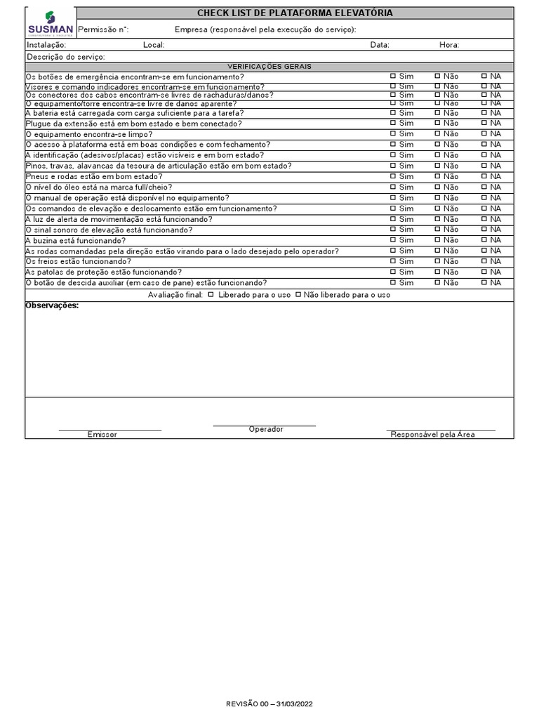 Check List de Plataforma Elevatoria | PDF