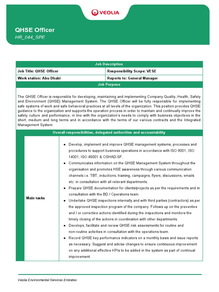 HR - 044 - Spe Qhse Officer - JD | PDF | Occupational Safety And Health ...