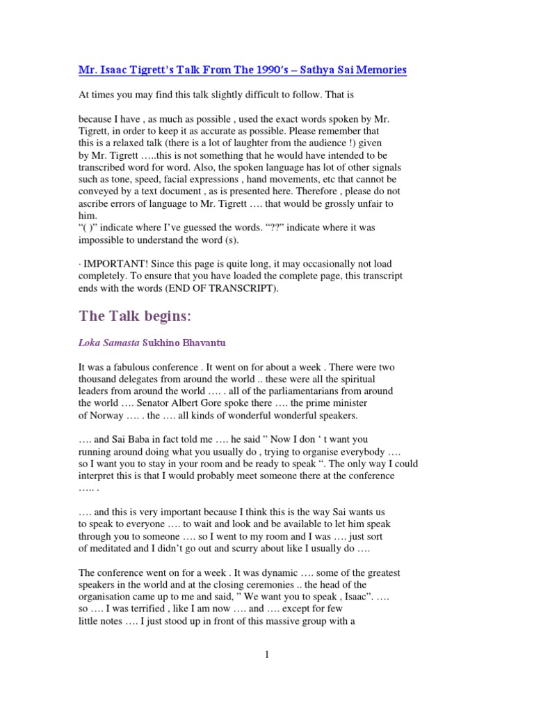 Isaac Tigrett Talk 1992 | PDF | Sathya Sai Baba | Plane (Esotericism)