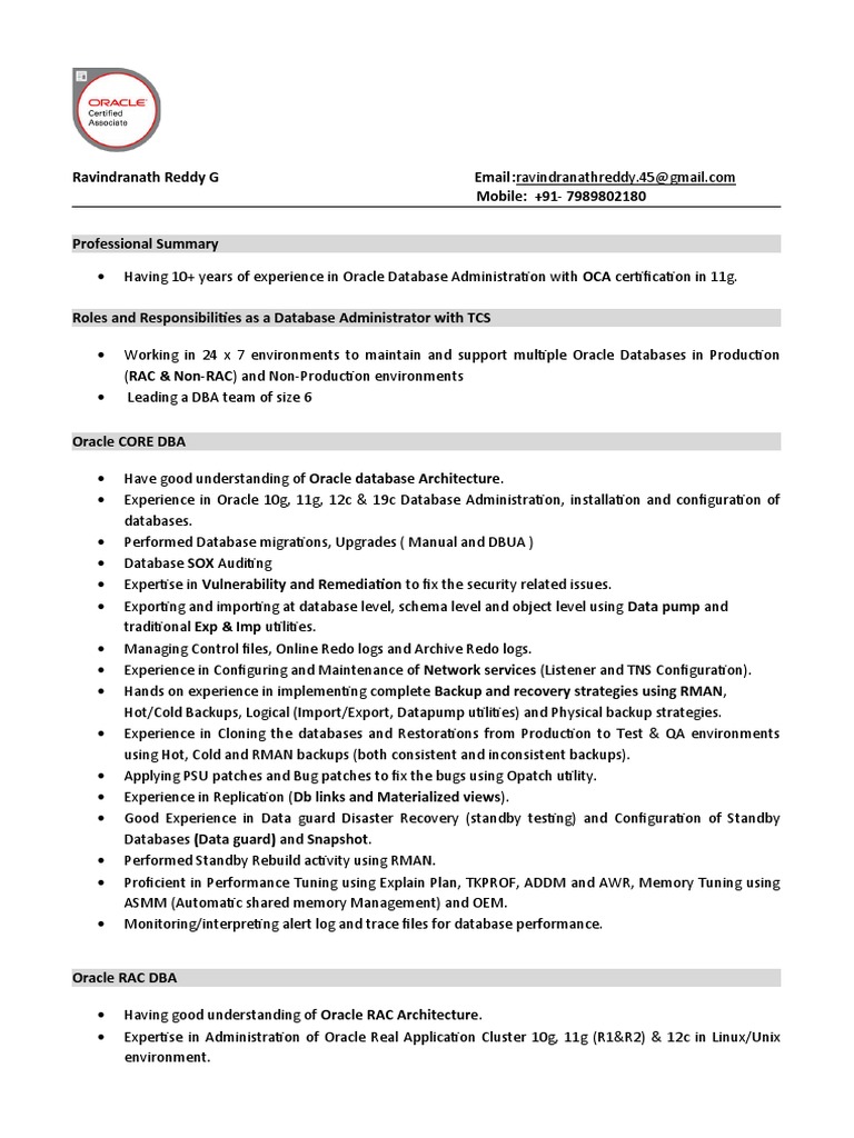 Ravindranath Reddy - Resume | PDF | Databases | Backup