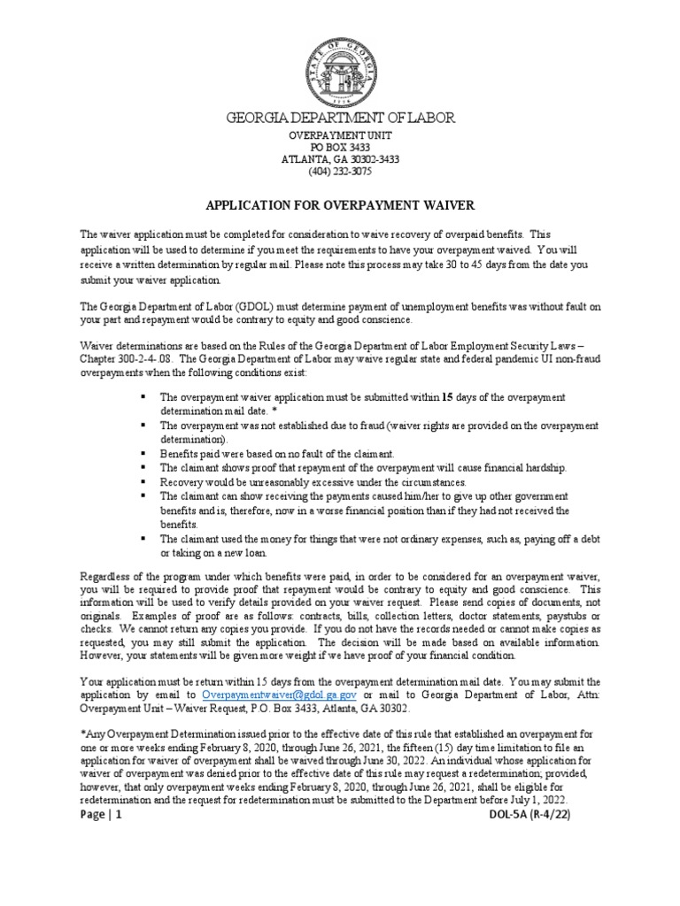 Georgia Unemployment Overpayment Waiver Form | PDF | Social Security ...