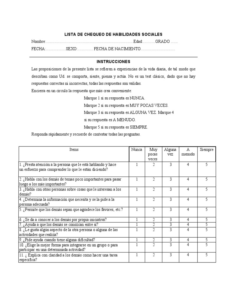 Lista de Chequeo de Habilidades Sociales | PDF