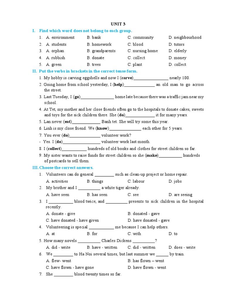 I. Find Which Word Does Not Belong To Each Group.: Unit 3 | PDF
