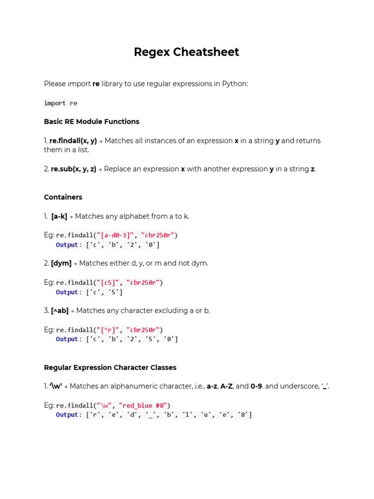 Regex Cheatsheet Import Re Pdf Regular Expression Computer Programming 