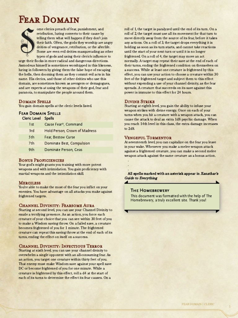 Fear Domain for Clerics in D&D 5E | PDF | Religious Belief And Doctrine