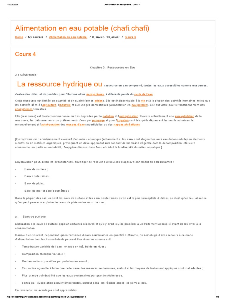 Alimentation en Eau Potable. - Cours 4 | PDF | Ressources hydriques | Eau