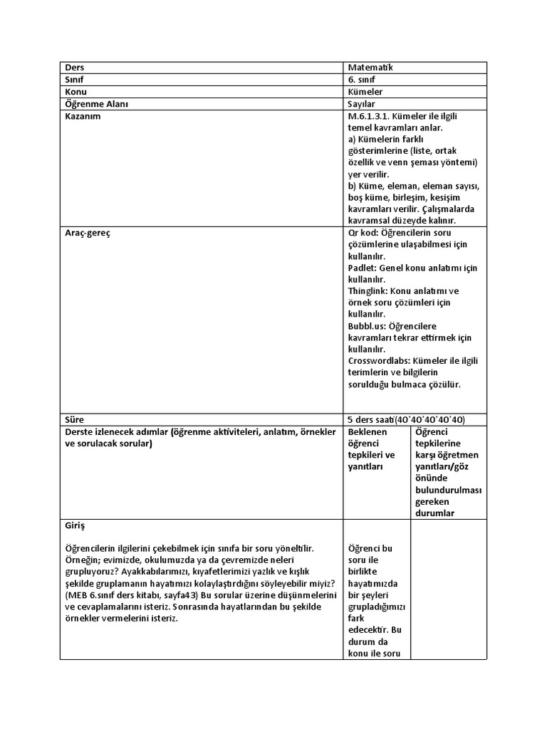 Ders Plan Tablosu | PDF