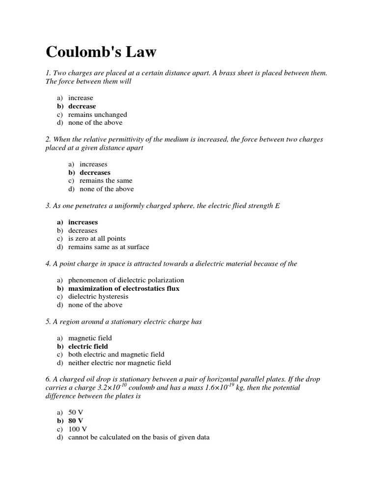 MCQ On Coulomb's Law | PDF | Electric Field | Electric Charge
