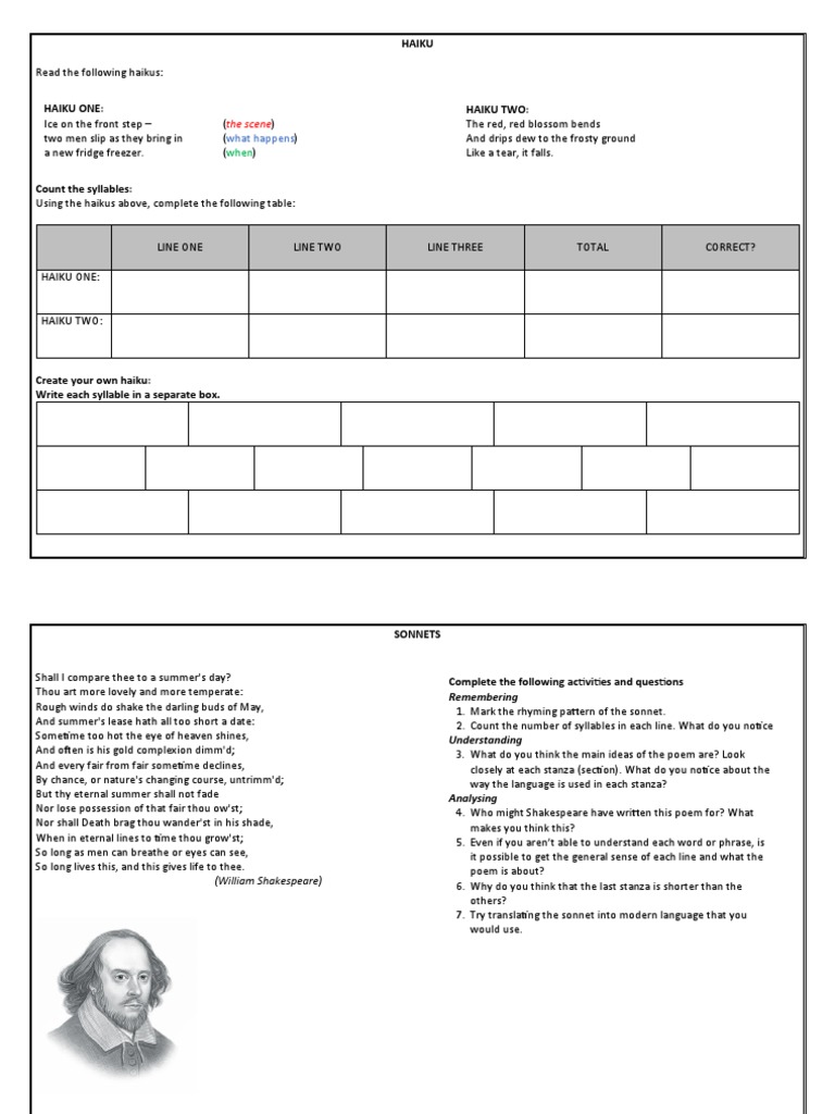 HAIKU Activity Sheet | Download Free PDF | Haiku