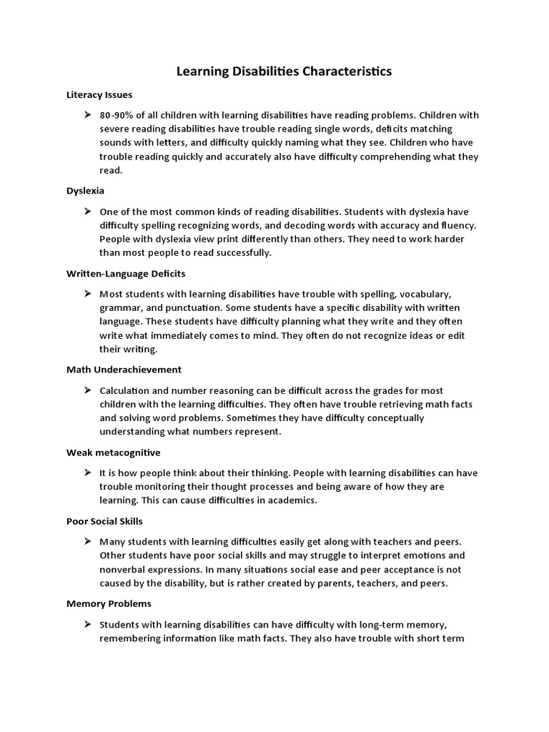 Characteristics of Learning Disabilities | PDF | Learning Disability ...
