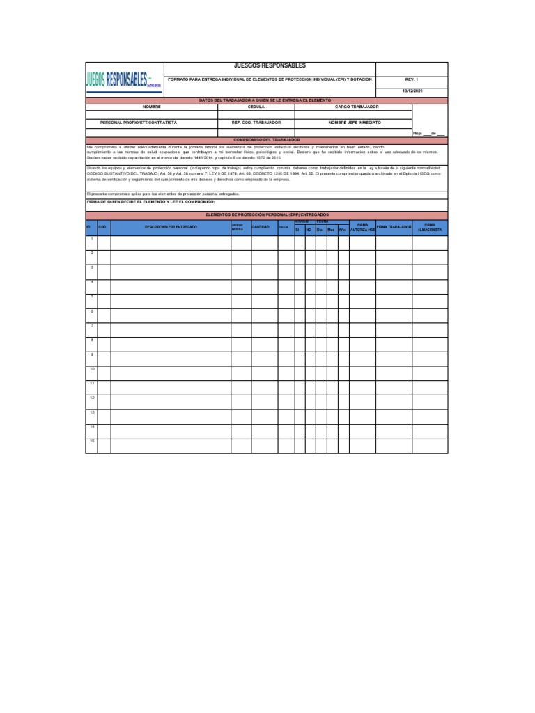 Formato para Entrega Individual de Epp y Dotación | PDF