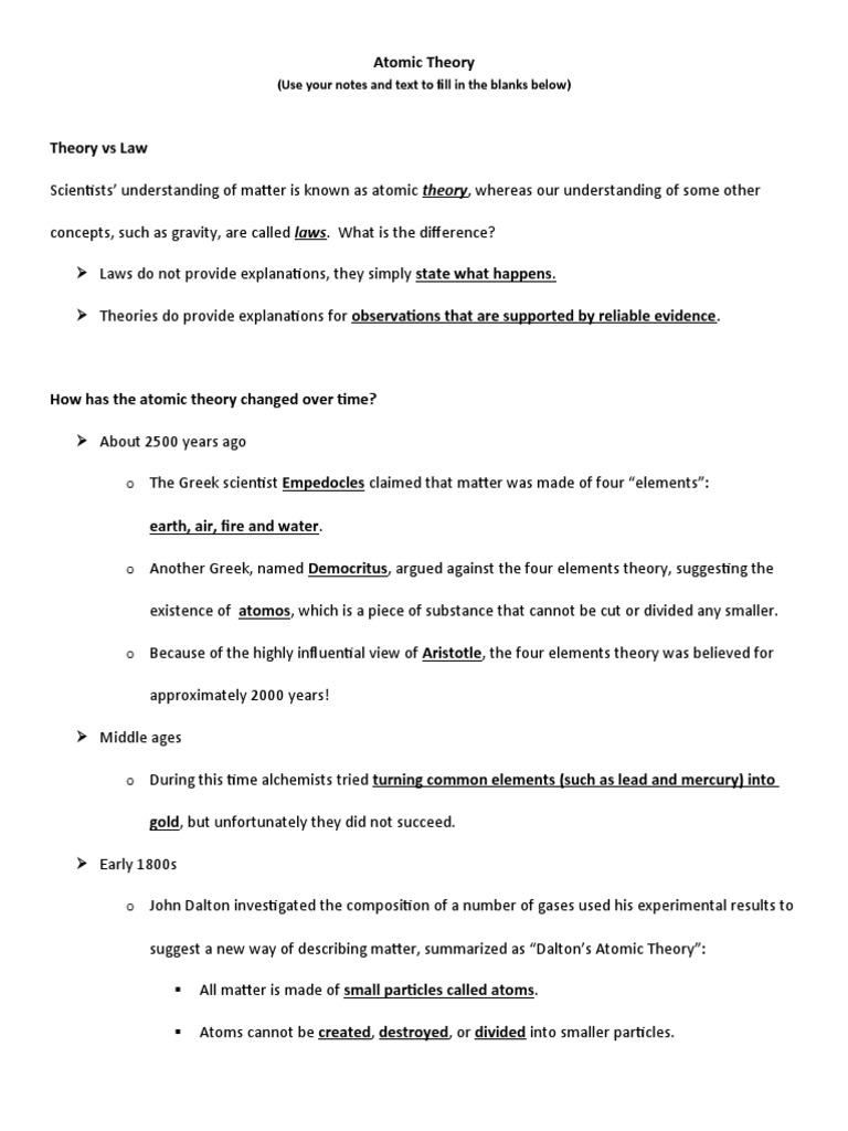 Atomic Theory Worksheet - Answered | PDF | Atoms | Matter