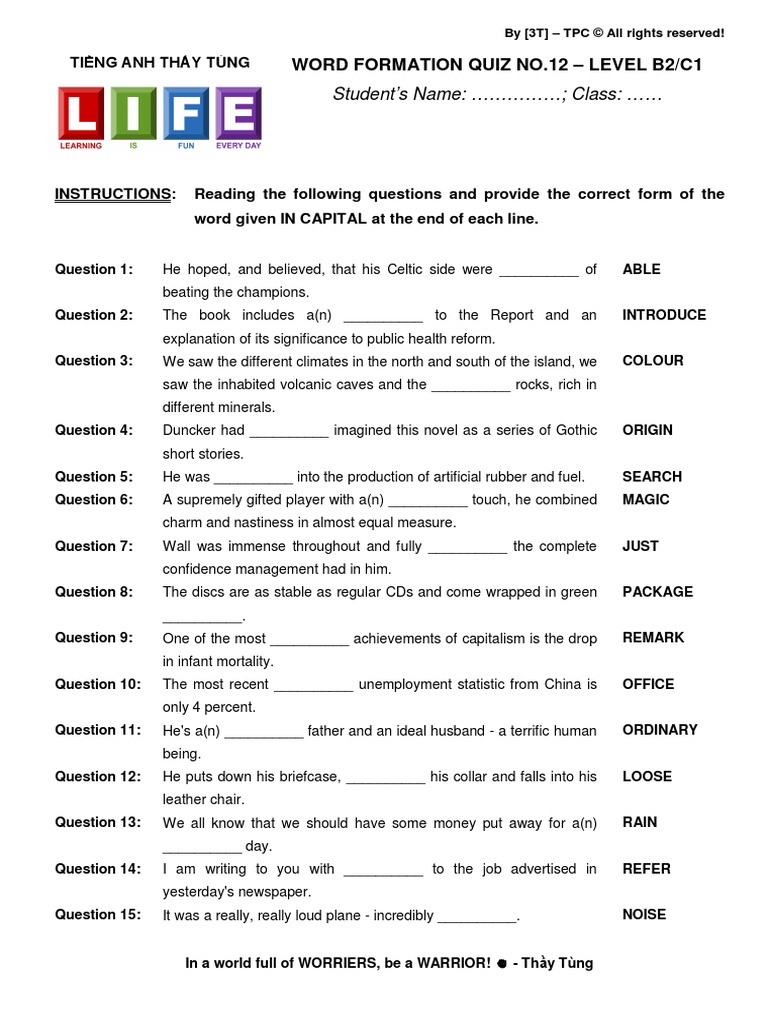 FCE Word Formation Quiz No.12 | PDF | Games & Activities | Language ...