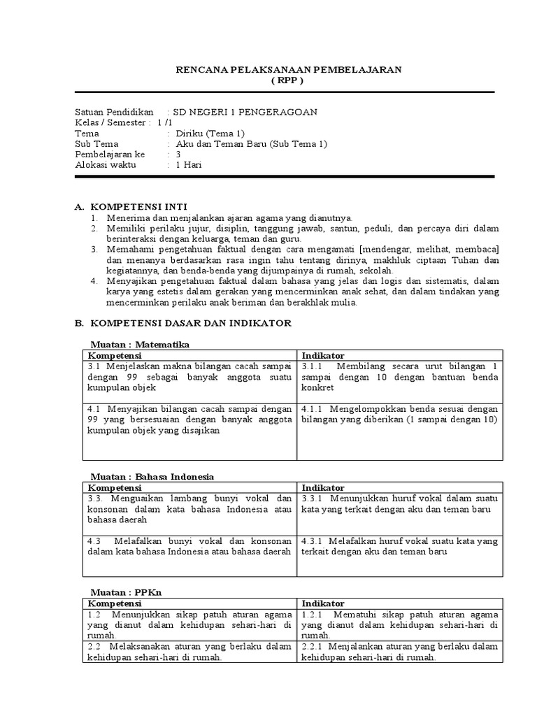 RPP Kelas 1 Semester 1 Tema 1 (DIRIKU) Subtema 1 (AKU DAN TEMAN BARU) Pembelajaran Ke 3 Dan 4 | PDF