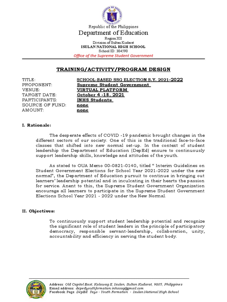 Activity Design For SSG Election 2021 | PDF