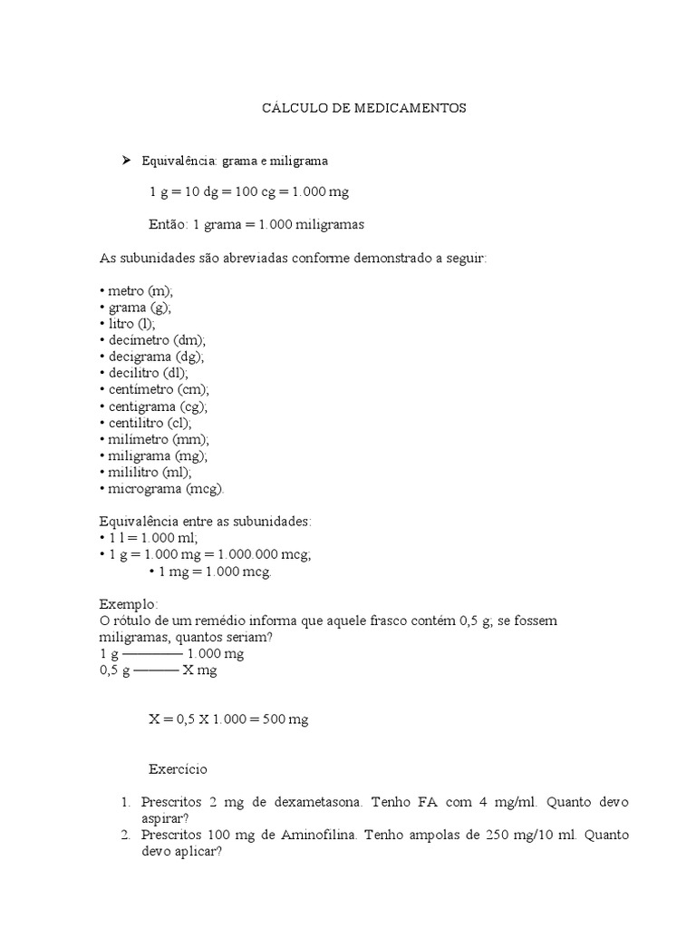 Cálculo de Medicamentos | PDF | Litro | Remédio