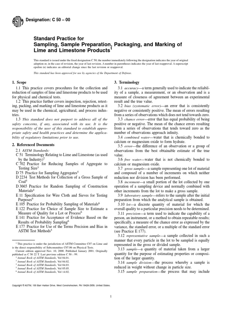 ASTM C50-00 Limestone Sampling | PDF | Errors And Residuals | Variance
