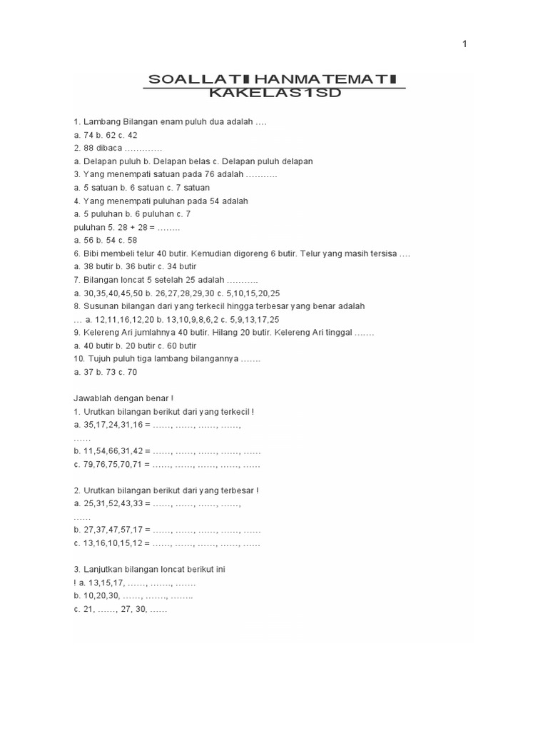 Soal Latihan Matematika Kelas 1 SD | PDF | Olahraga & Rekreasi | Griya & Taman