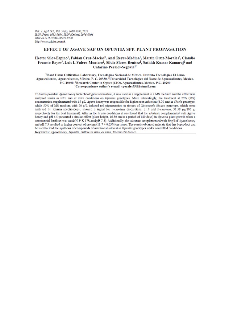 Abstract Effect of Agave SAP On Opuntia | PDF